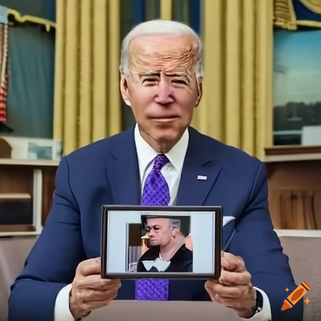 Joe Biden holding up a photo of Minecraft character Steve on Craiyon