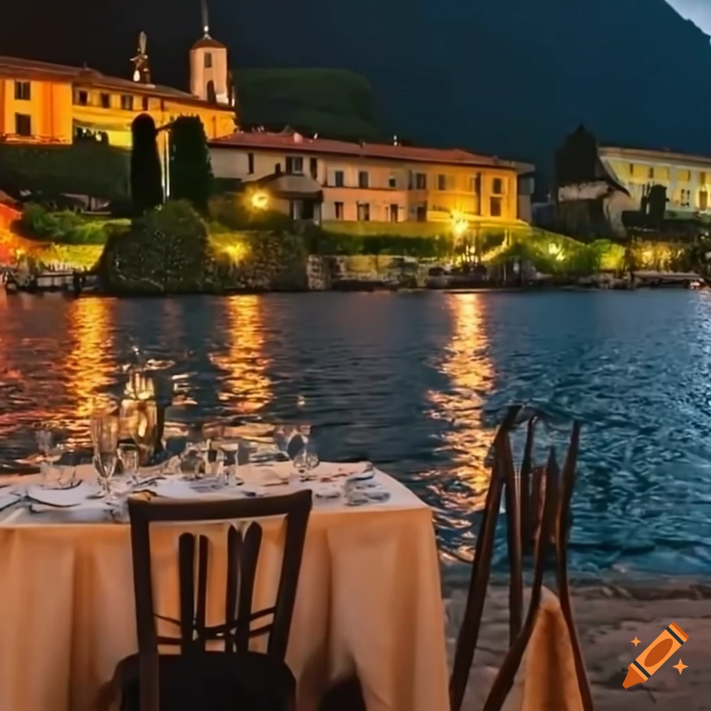 Night view of a dining setup at lake como