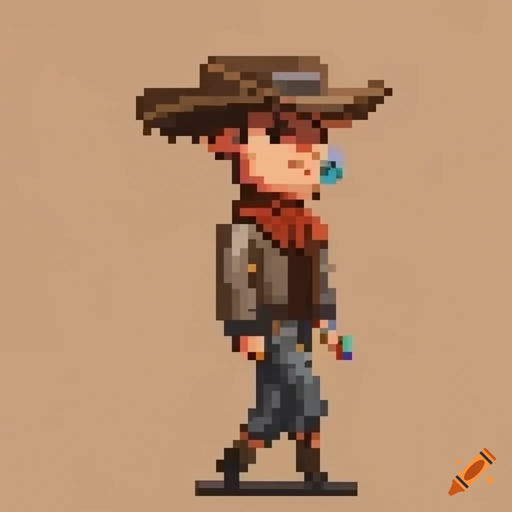 Pixel art of an outlaw walking in tan on Craiyon