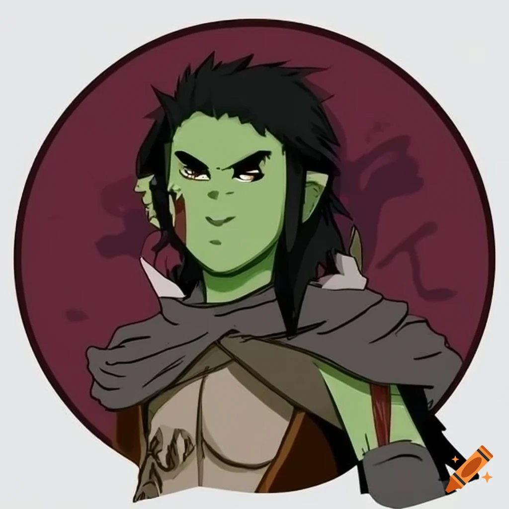 Illustration of a young half orc warrior with naruto-inspired design on Craiyon