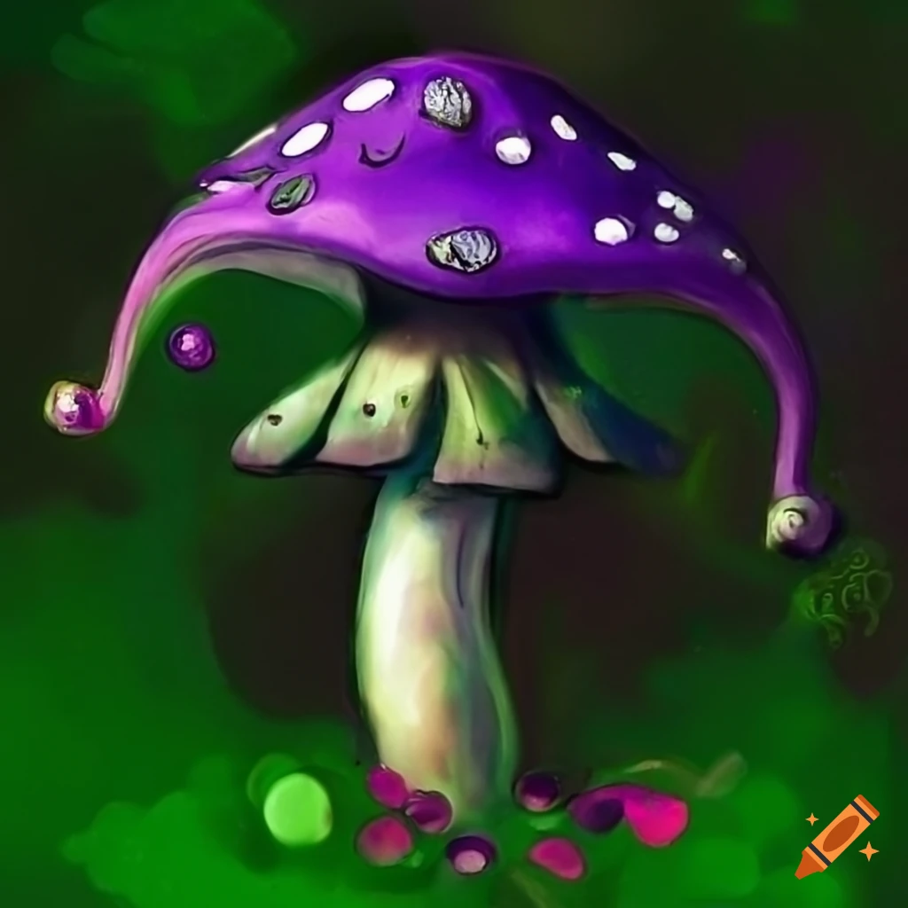 Close-up of a green, black and purple jester mushroom on Craiyon