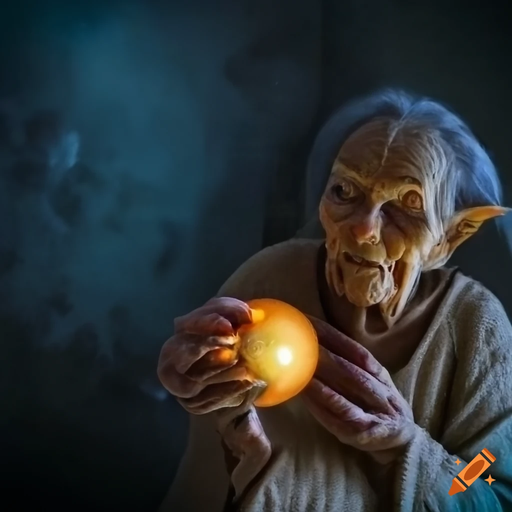 Artwork of an old goblin woman scrying an orb on Craiyon