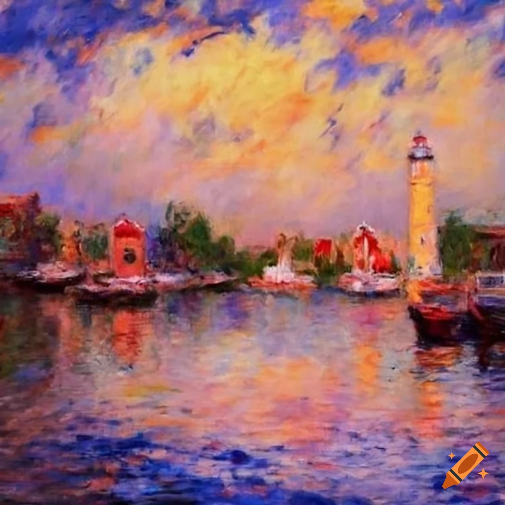 Impressionist painting of a seascape with boats and houses on Craiyon