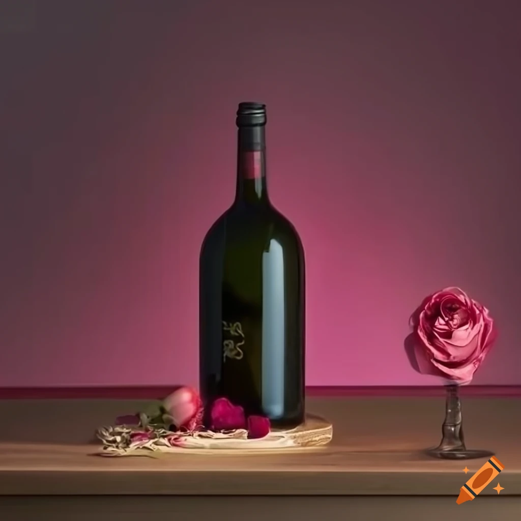 Bottle of Bordeaux wine with pink ribbons on a modern table on Craiyon