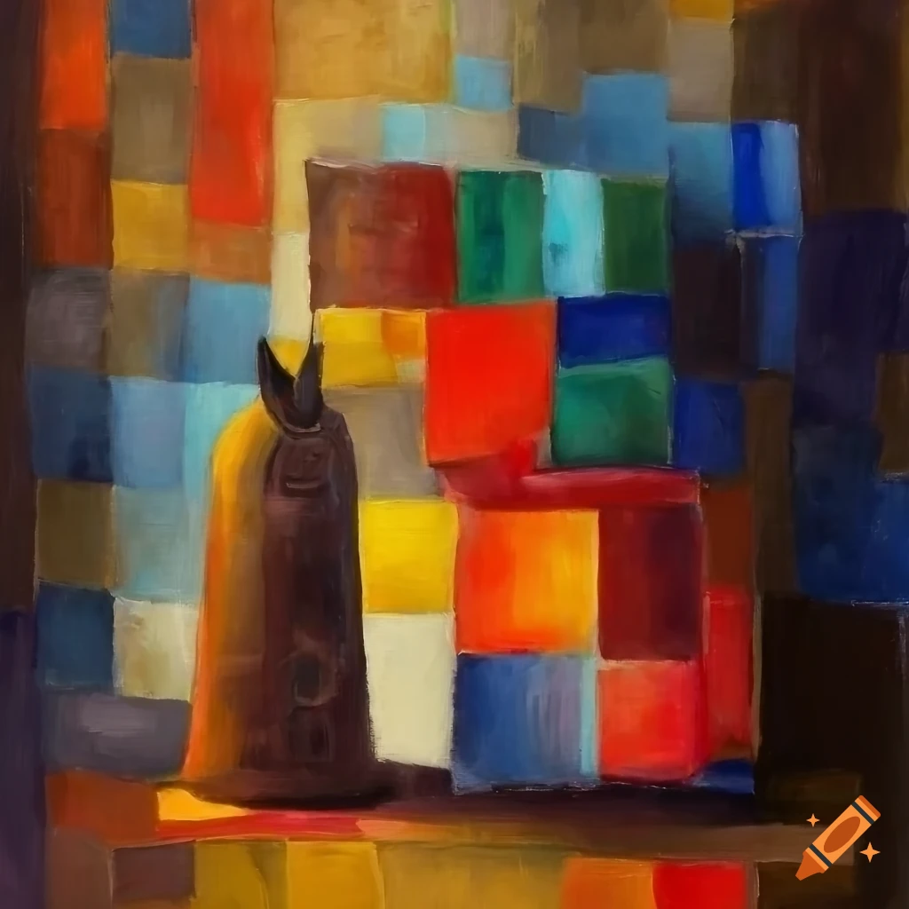 Textured cubism painting of fabric, bells, chains, cat and keys on Craiyon