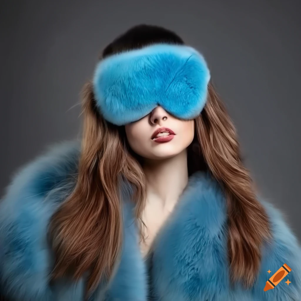 Woman wearing a blue fur sleep mask and fluffy coat on Craiyon