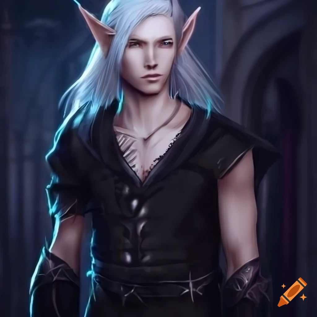 Image of a male elf with black hair in a final fantasy setting on Craiyon