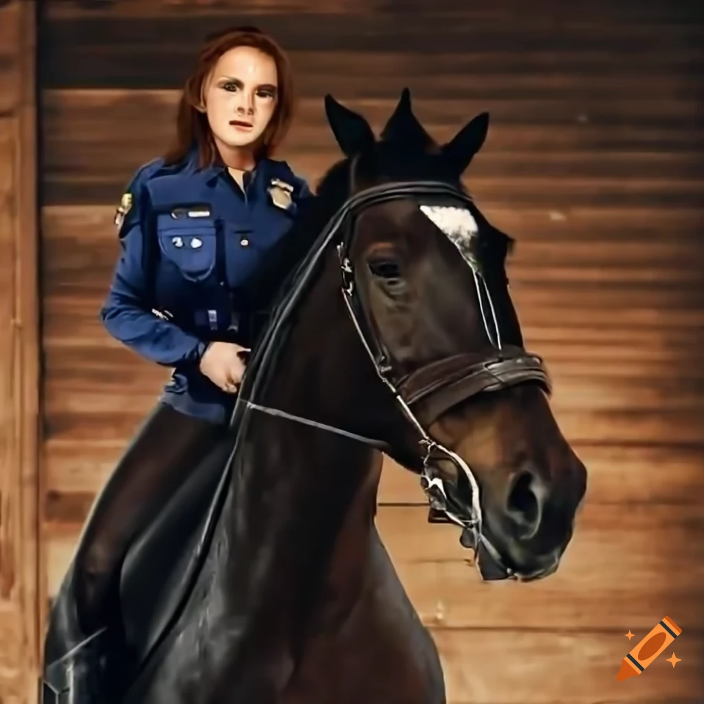 Close-up of a mounted police officer riding a horse in a barn on Craiyon