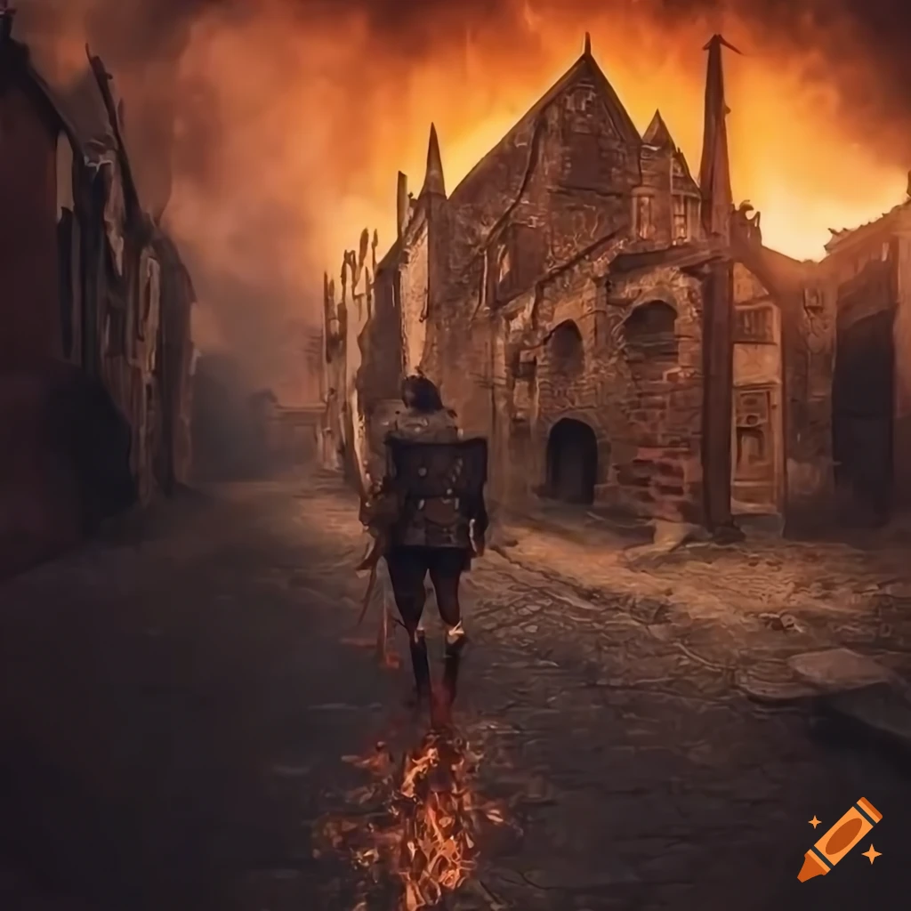Hyperrealistic artwork of a warrior in burning medieval town on Craiyon