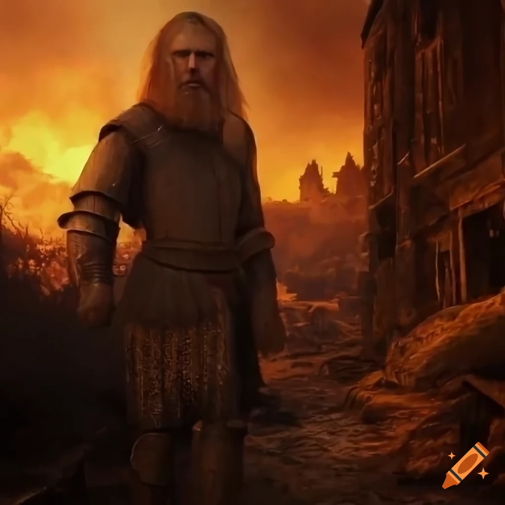 Hyperrealistic artwork of a warrior in burning medieval town on Craiyon