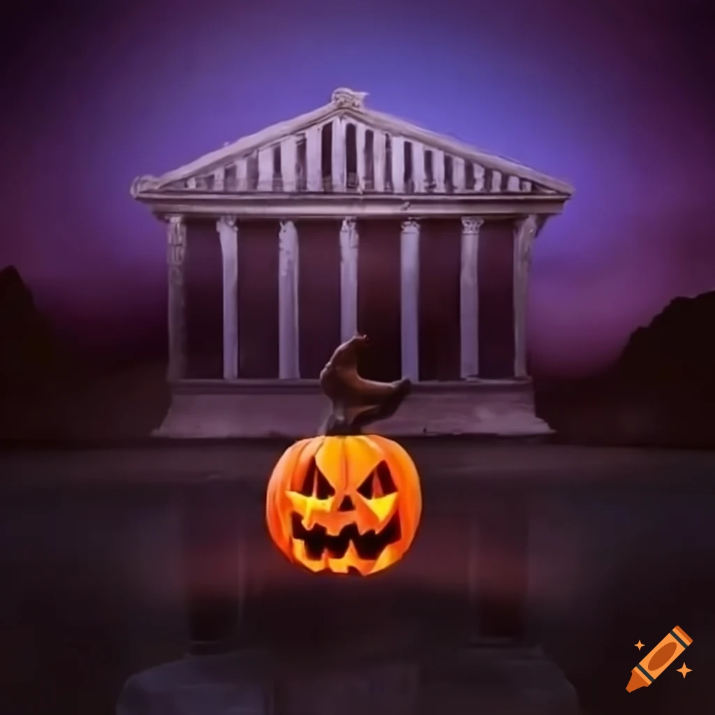 Spooky halloween scene with a glowing pumpkin head and ancient roman temple