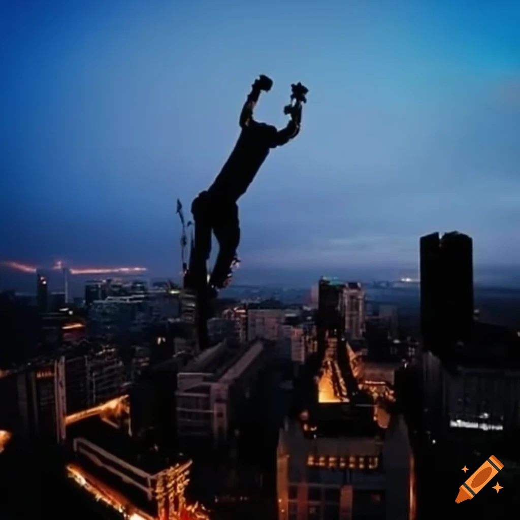 Urban daredevil leaping across rooftops