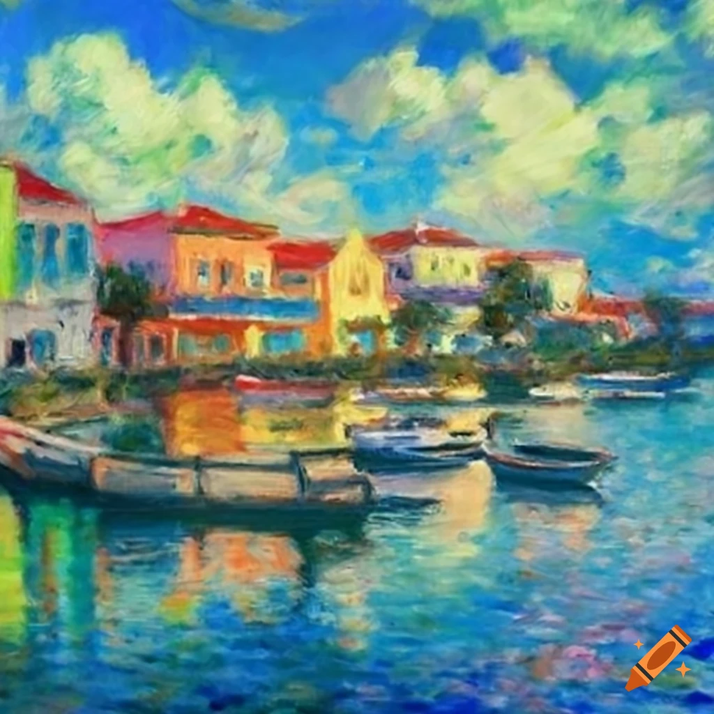 Monet-style impressionist painting of a seaside town on Craiyon