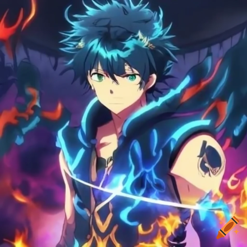 Naofumi unleashing powerful blue and gold flames on Craiyon