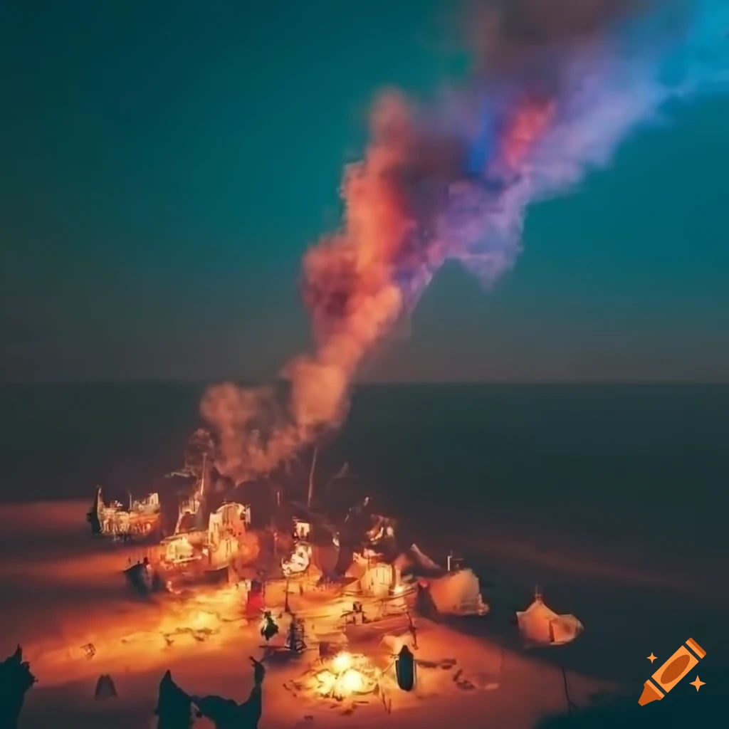 Aerial photo of medieval gathering on a beach at sunset on Craiyon