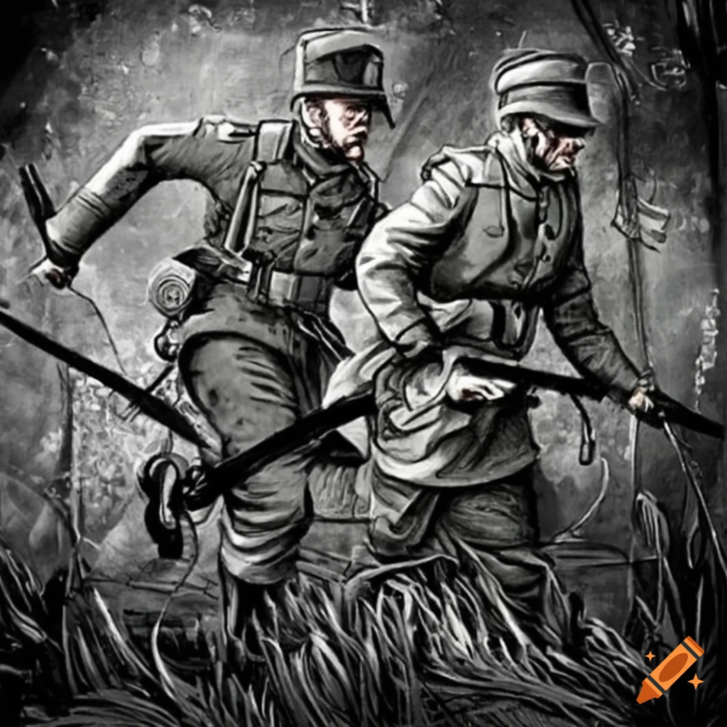 Black and white pencil sketch of a German WW1 infantry attack on Craiyon