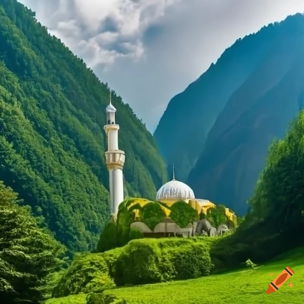 Mosque in a lush valley with a waterfall on Craiyon