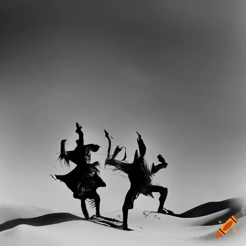 Vintage black and white photo of vampires running on sand dunes on Craiyon