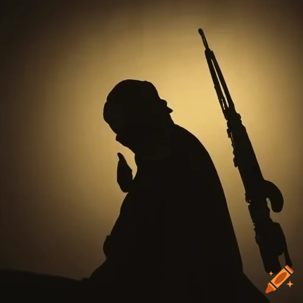 Muslim freedom fighter praying with rifle on a hill on Craiyon