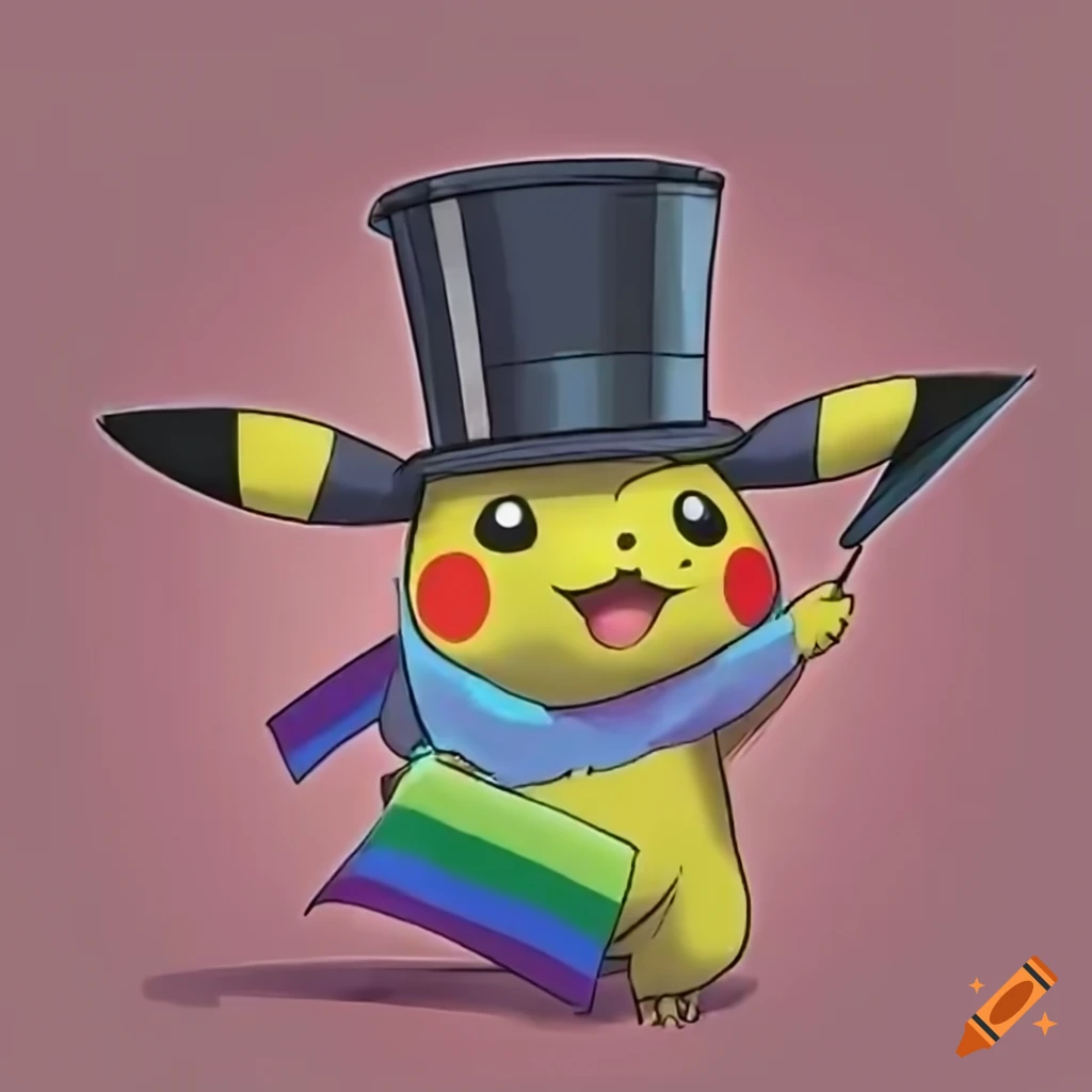 Illustration of Pikachu with top hat and pride flag on Craiyon