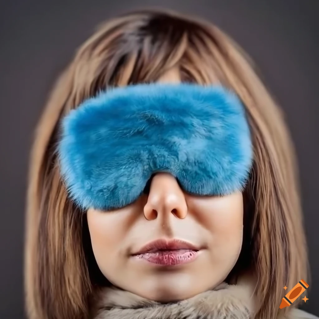 Woman wearing a brown fur pullover and blue sleep mask