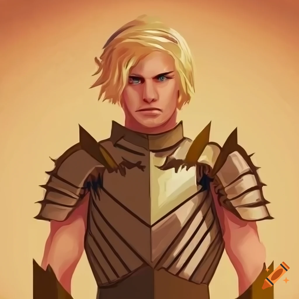 Illustration of a blonde male paladin warrior in dragon armor on Craiyon