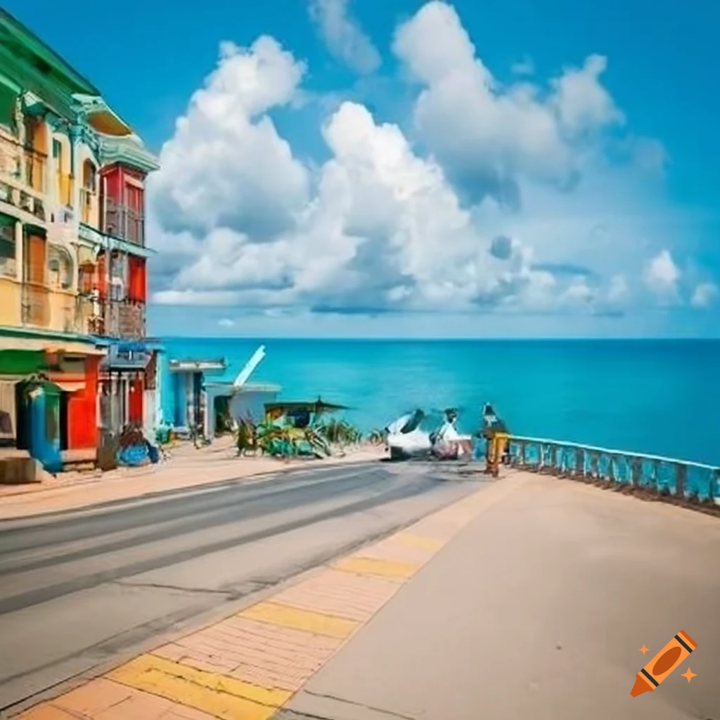 Caribbean street with ocean in the background on Craiyon