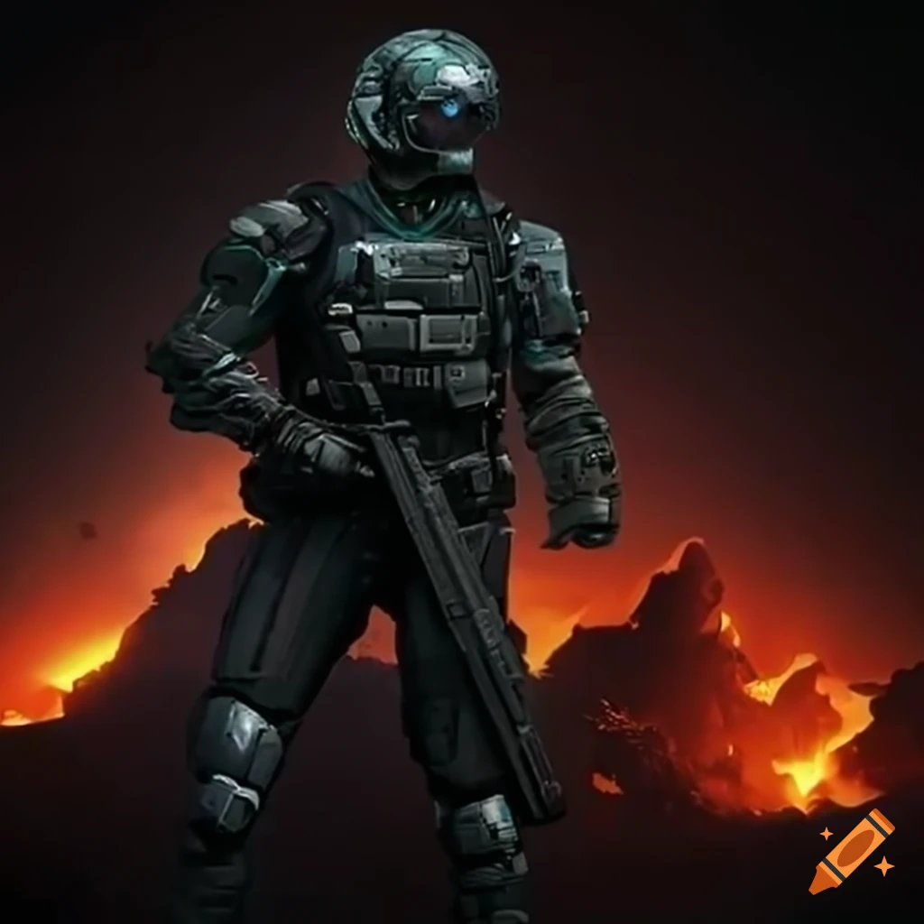 Futuristic soldier fighting metal spheres in volcanic terrain on Craiyon