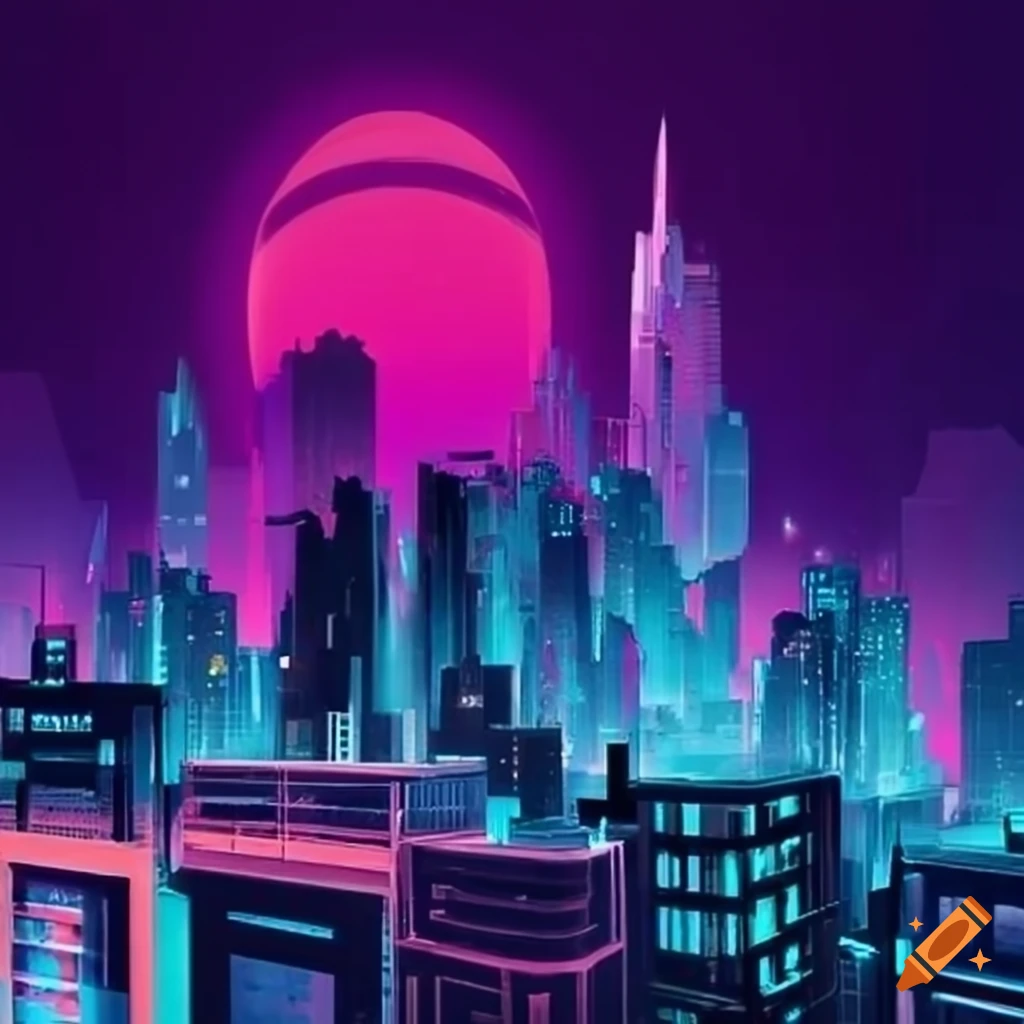 City skyline with vibrant neon lights on Craiyon