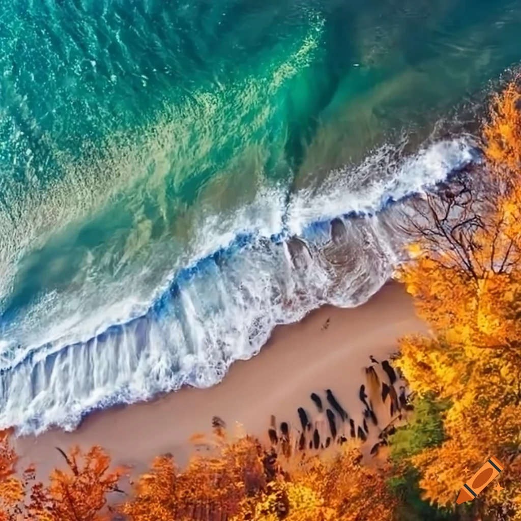 Autumn foliage and surfing waves at the beach on Craiyon