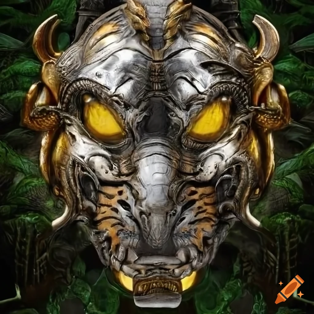 Chrome biomechanical tiger with golden canines on textured jungle ...