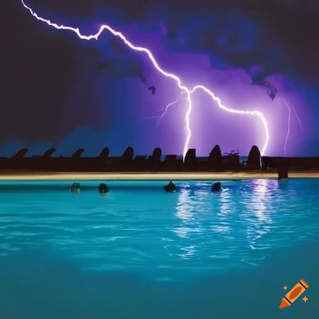 Swimming pool under dramatic thunderstorm on Craiyon
