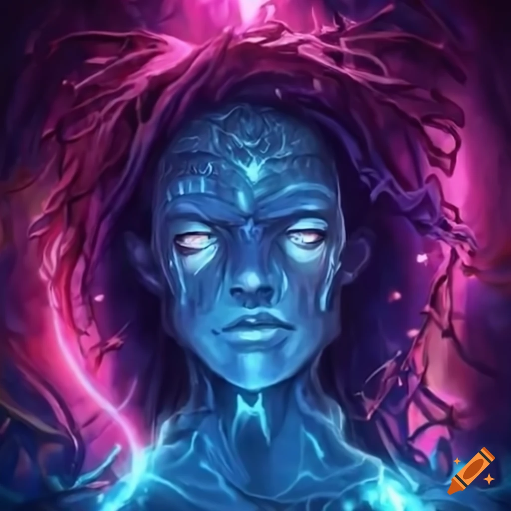 Artwork of a vibrant D&D Vedalken with glowing ribbons on Craiyon