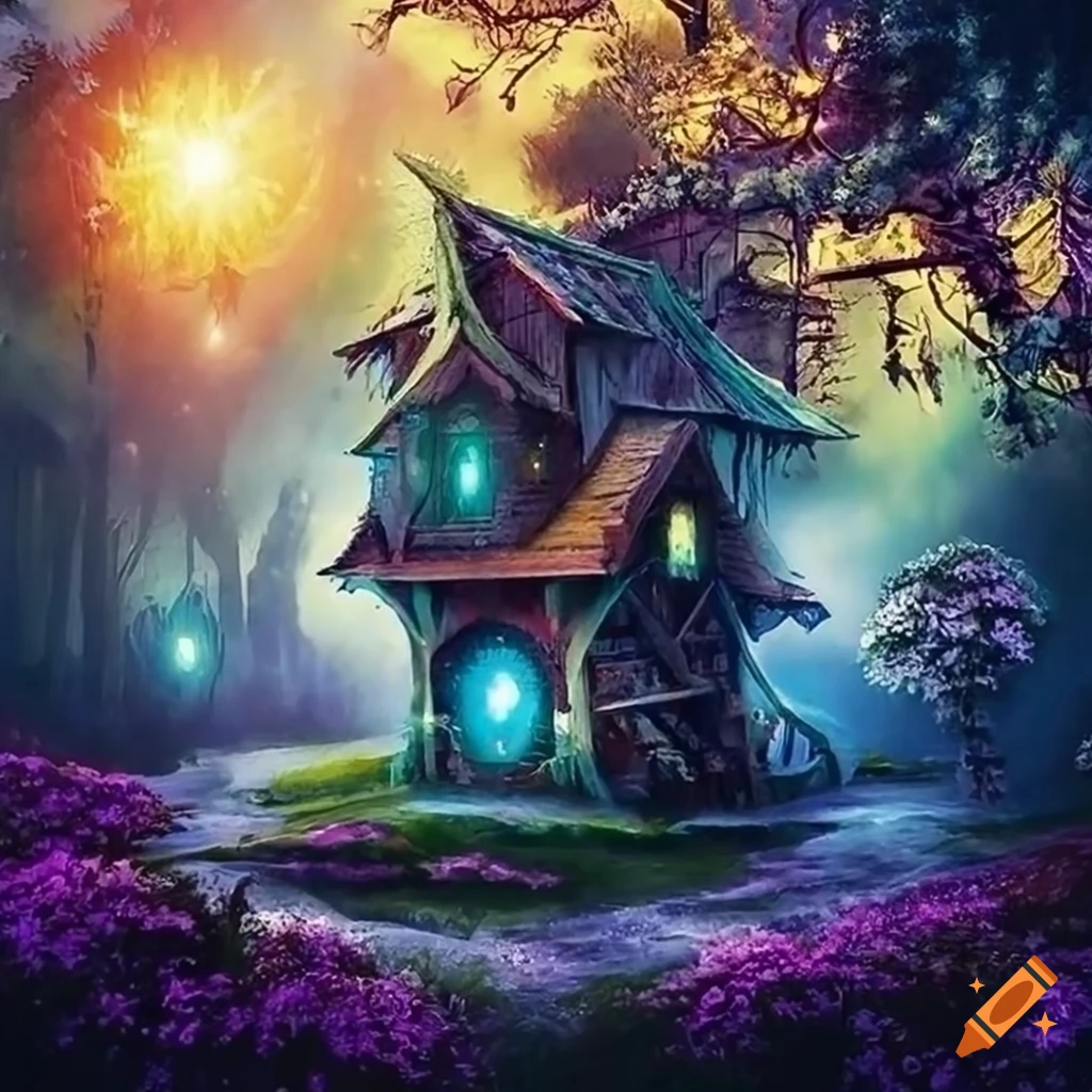 Colorful fantasy houses in a magical green forest settlement on Craiyon