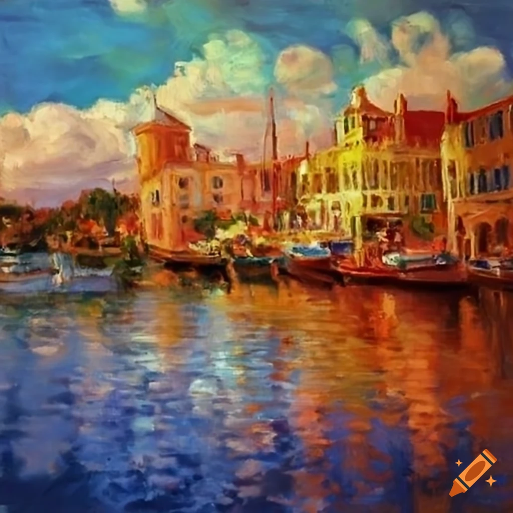 Impressionist painting of a seascape with boats and city skyline on Craiyon