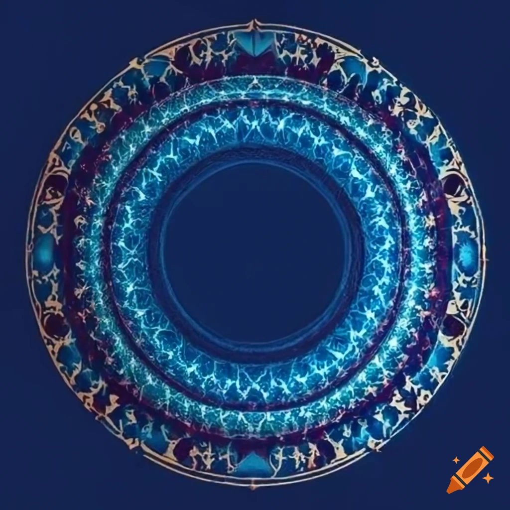Dark blue background with circular arabic border