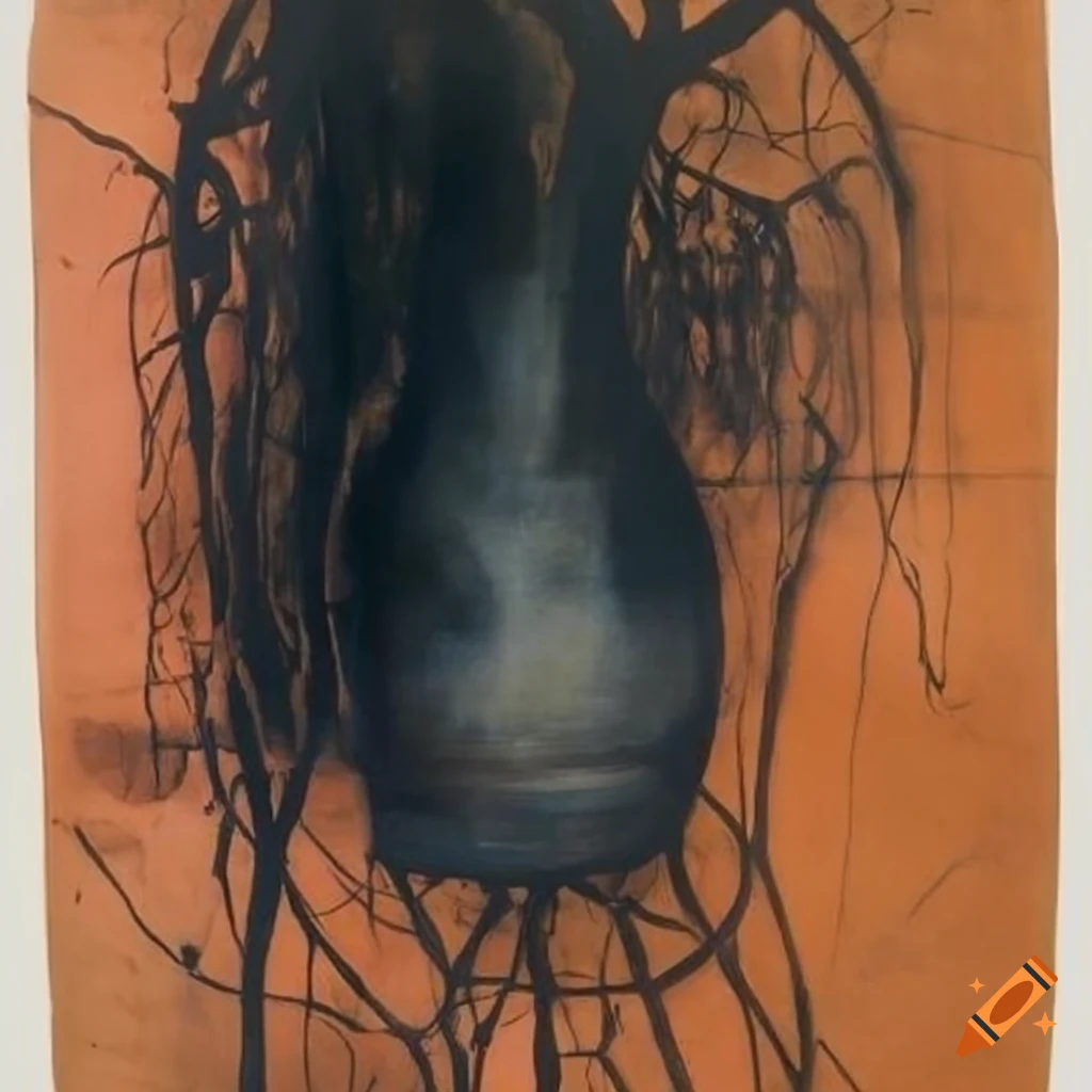 Japanese nihonga style abstract art with roots and vase on Craiyon