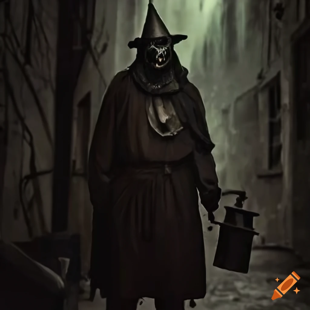 Creepy undead night watchman in a dark alley on Craiyon