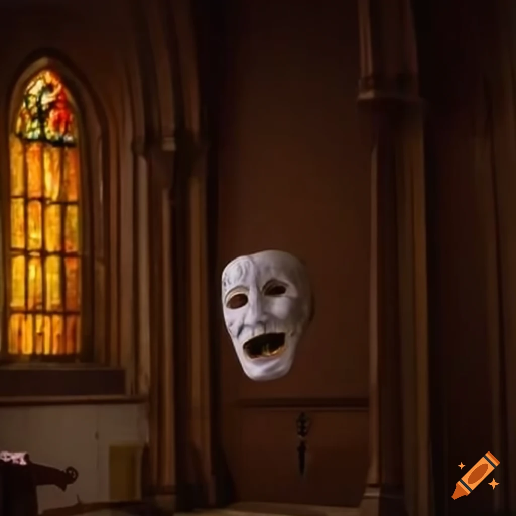 Floating theatre mask in eerie setting