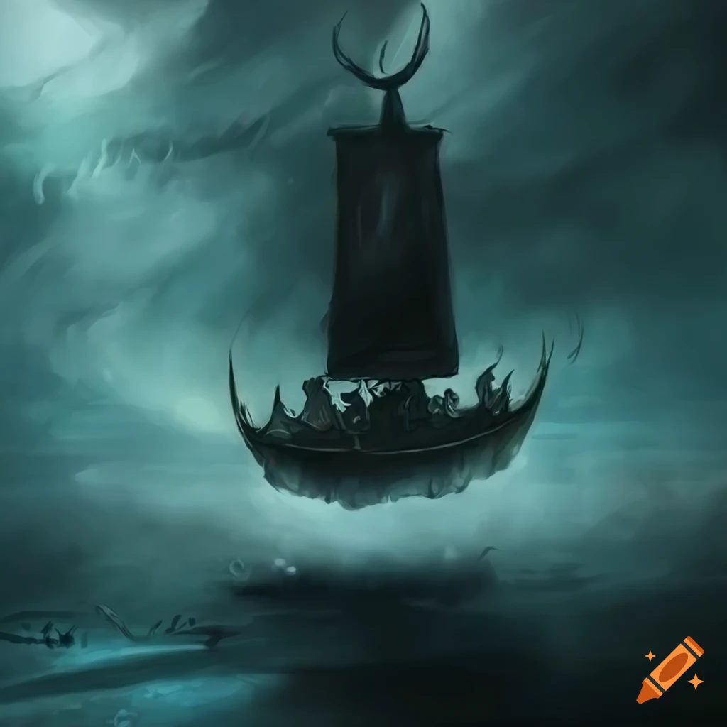 Fantasy artwork of Death's boat on a dark lake on Craiyon