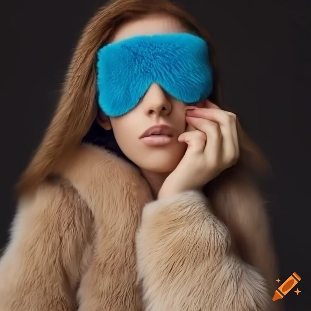 Woman wearing a brown fur pullover and blue sleep mask