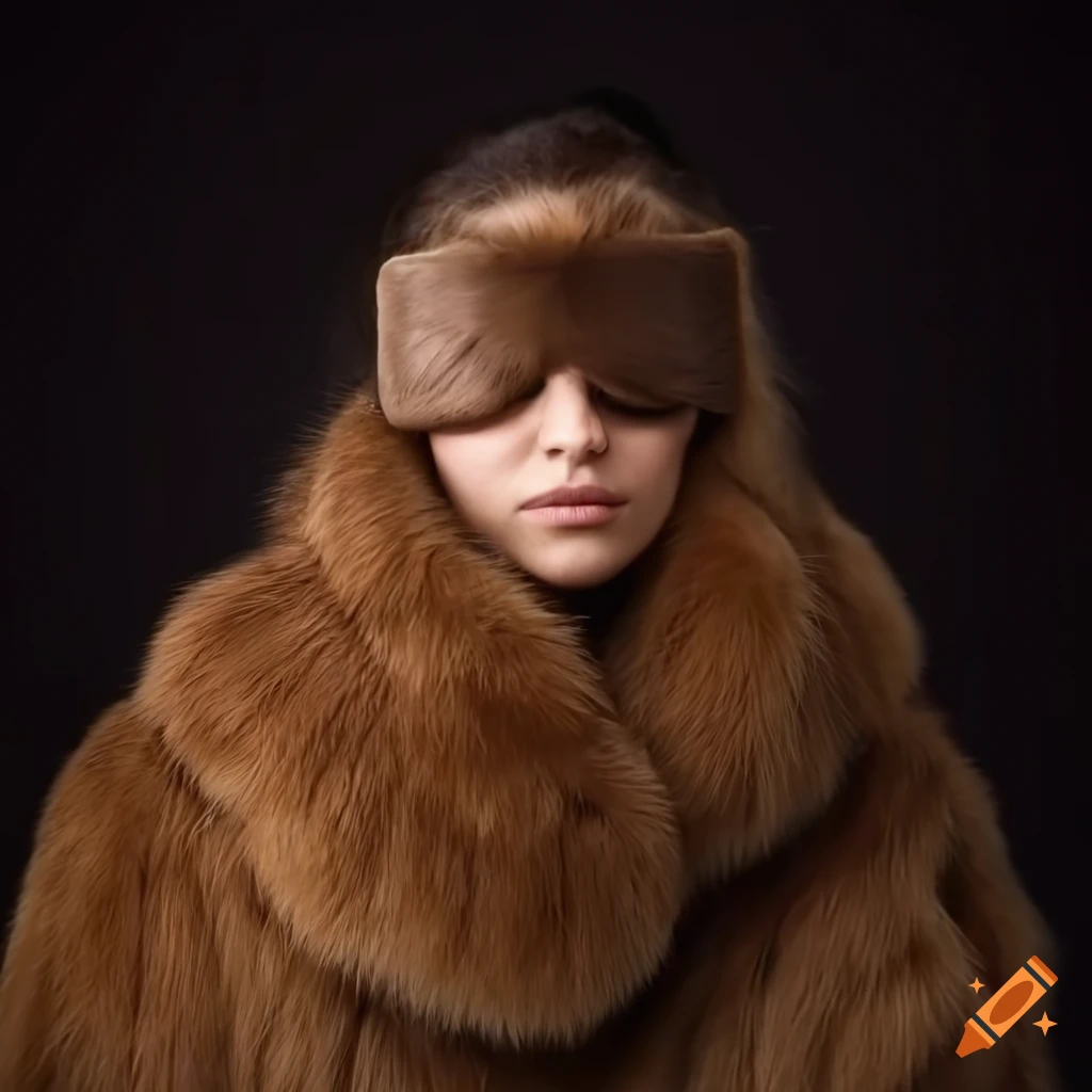 Woman with red hair wearing fur coat and sleep mask on Craiyon