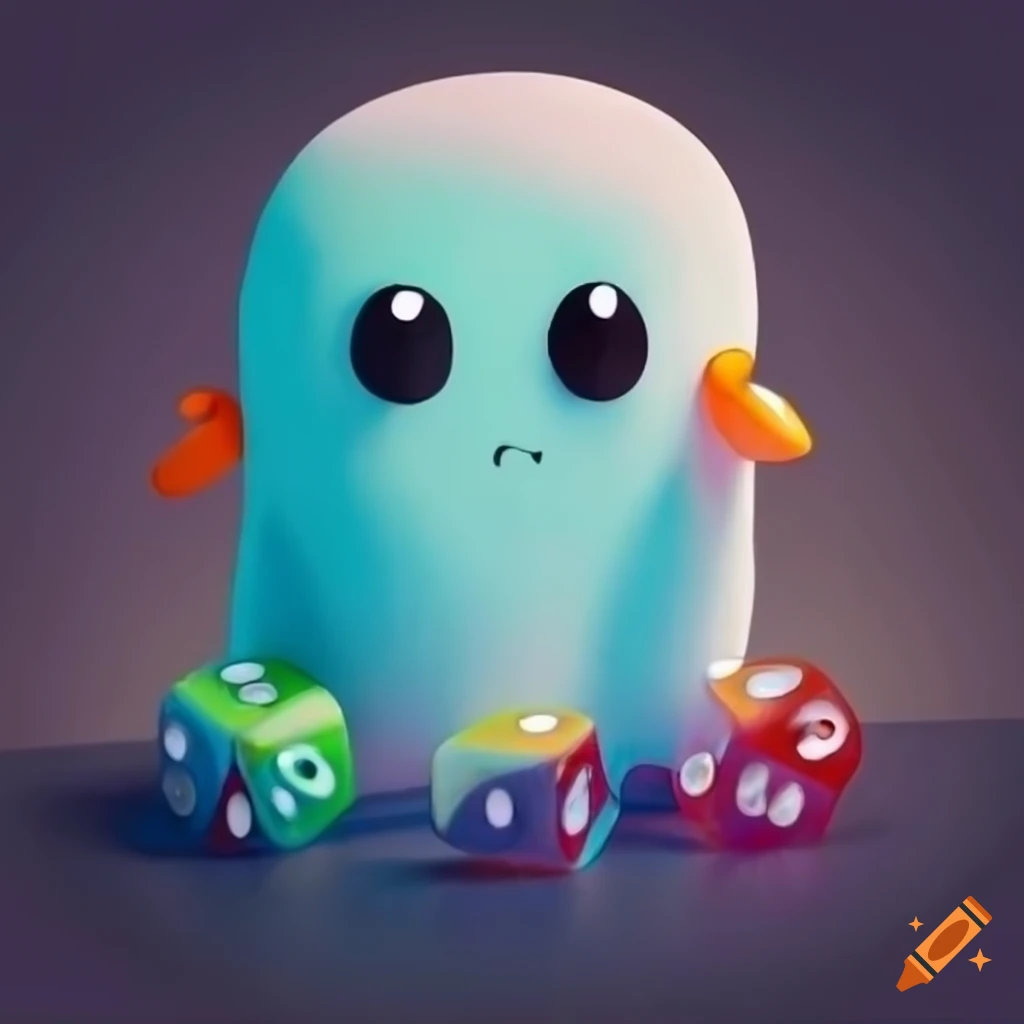Cute ghost sitting on a colored dice