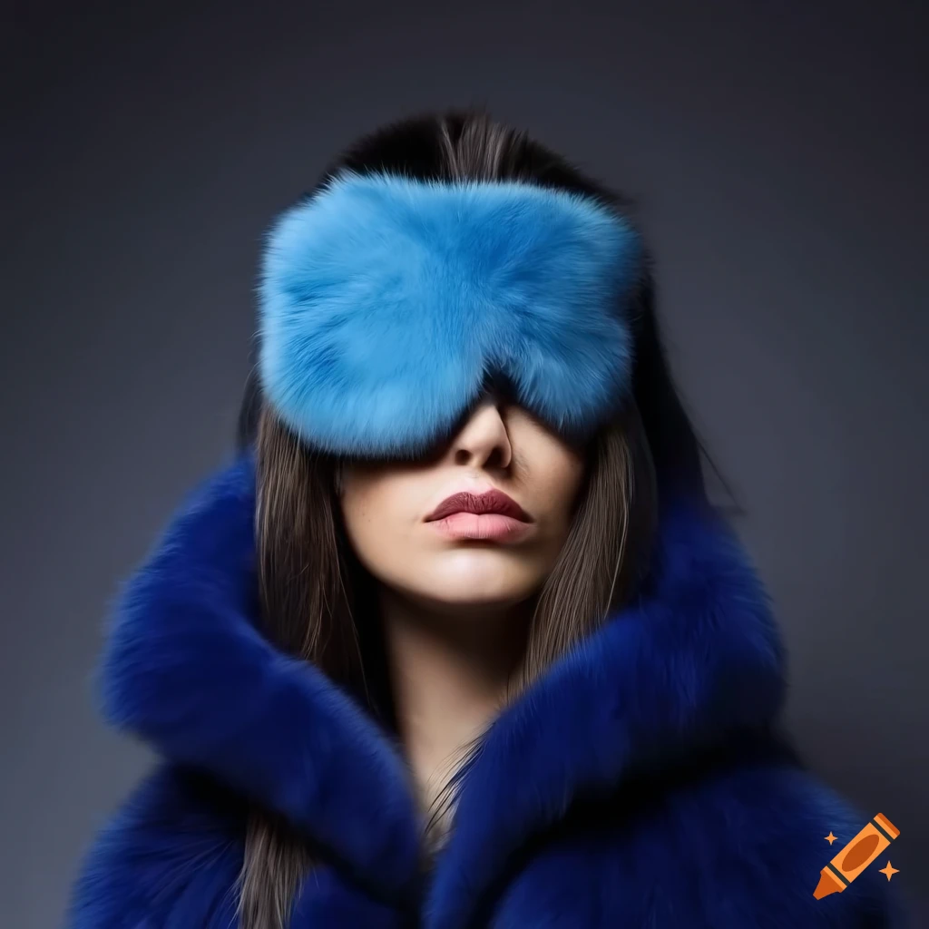 Woman wearing a blue furry sleep mask and white mongolian lamb fur coat ...