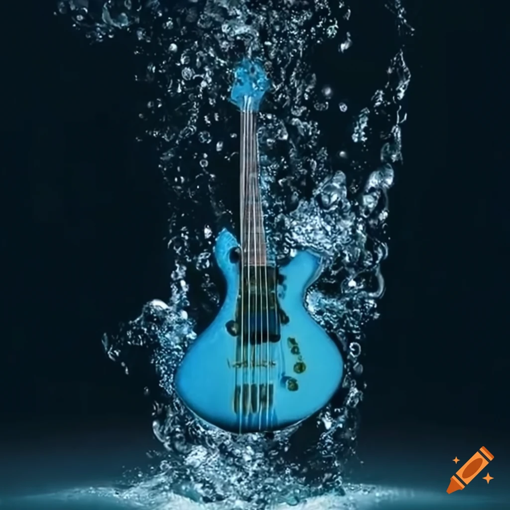 Blue bass guitar sinking in water
