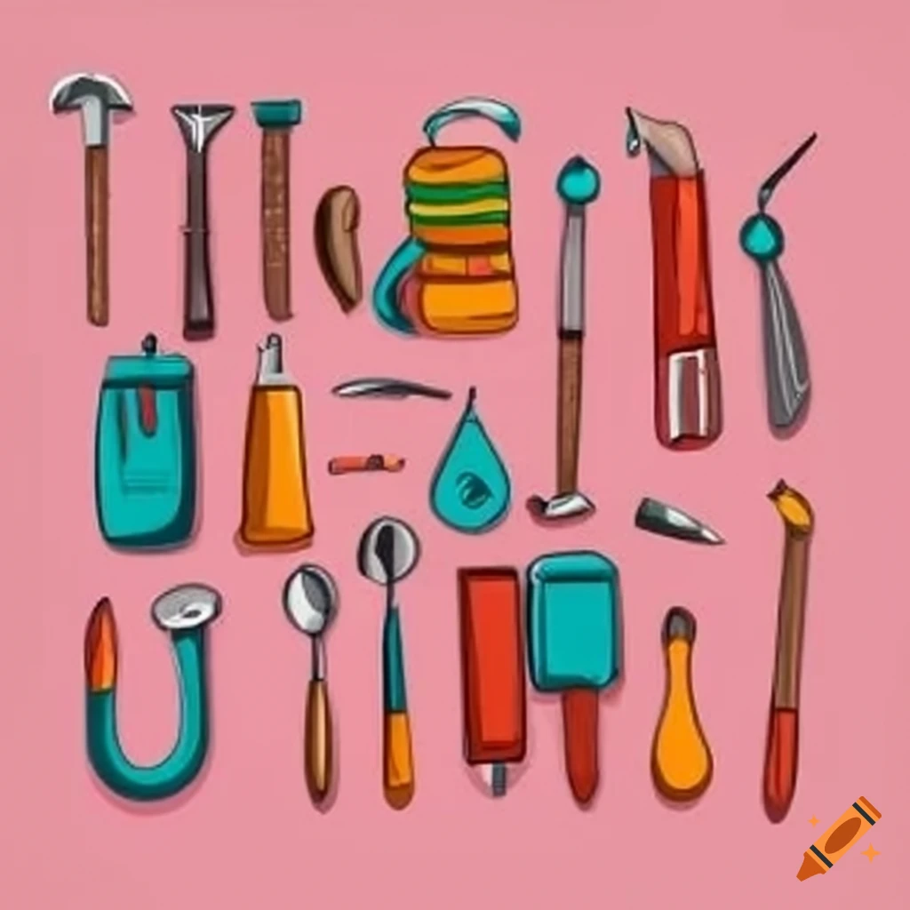 Grid of cartoon-style arts and crafts tools on Craiyon