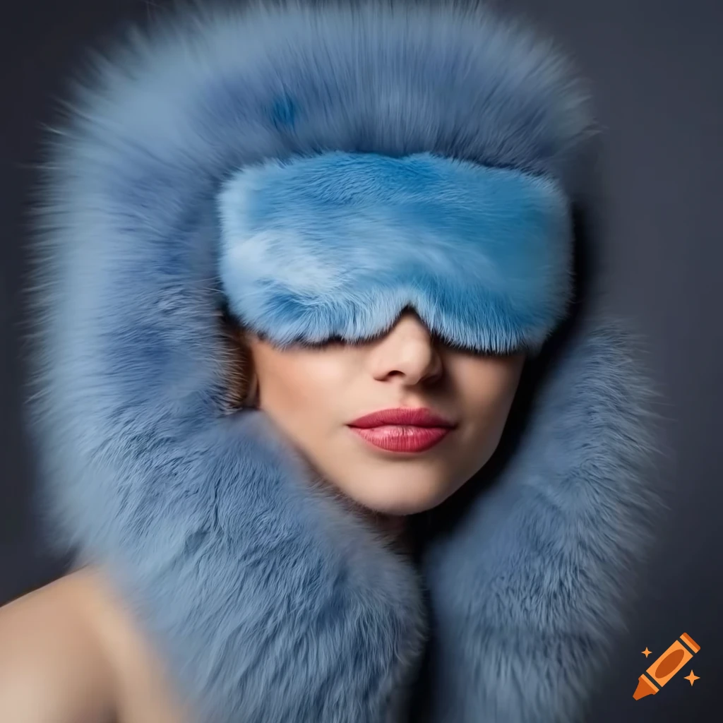 Woman wearing a fluffy fur coat and blue sleep mask on Craiyon