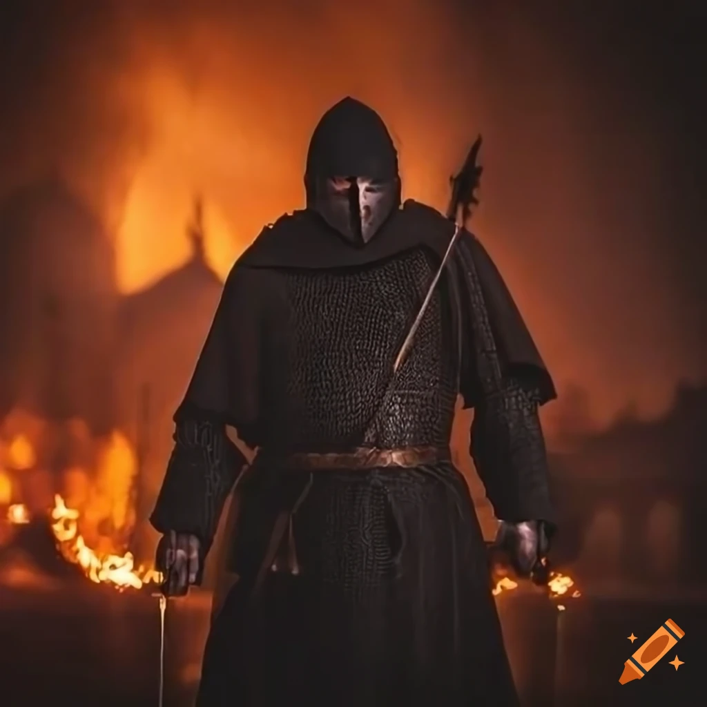 Hyperrealistic artwork of warrior monks in a burning medieval town on ...