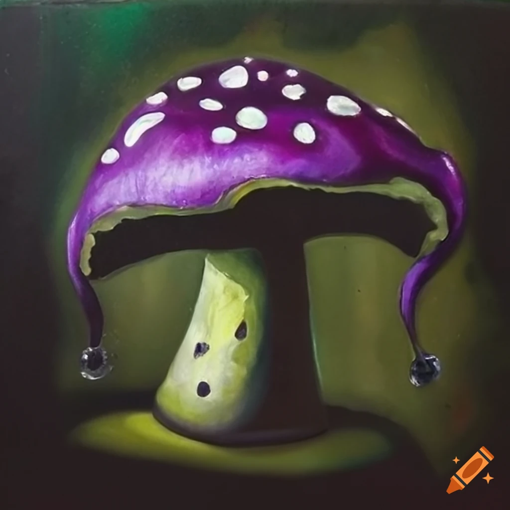 Close-up of a green, black and purple jester mushroom on Craiyon
