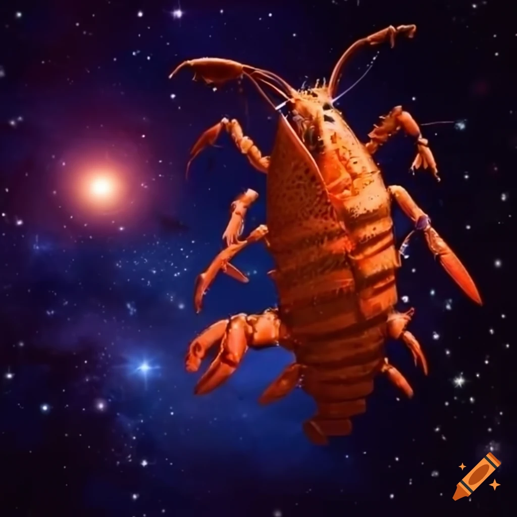 Vibrantly colored tropical crustacean with space background at a rave ...